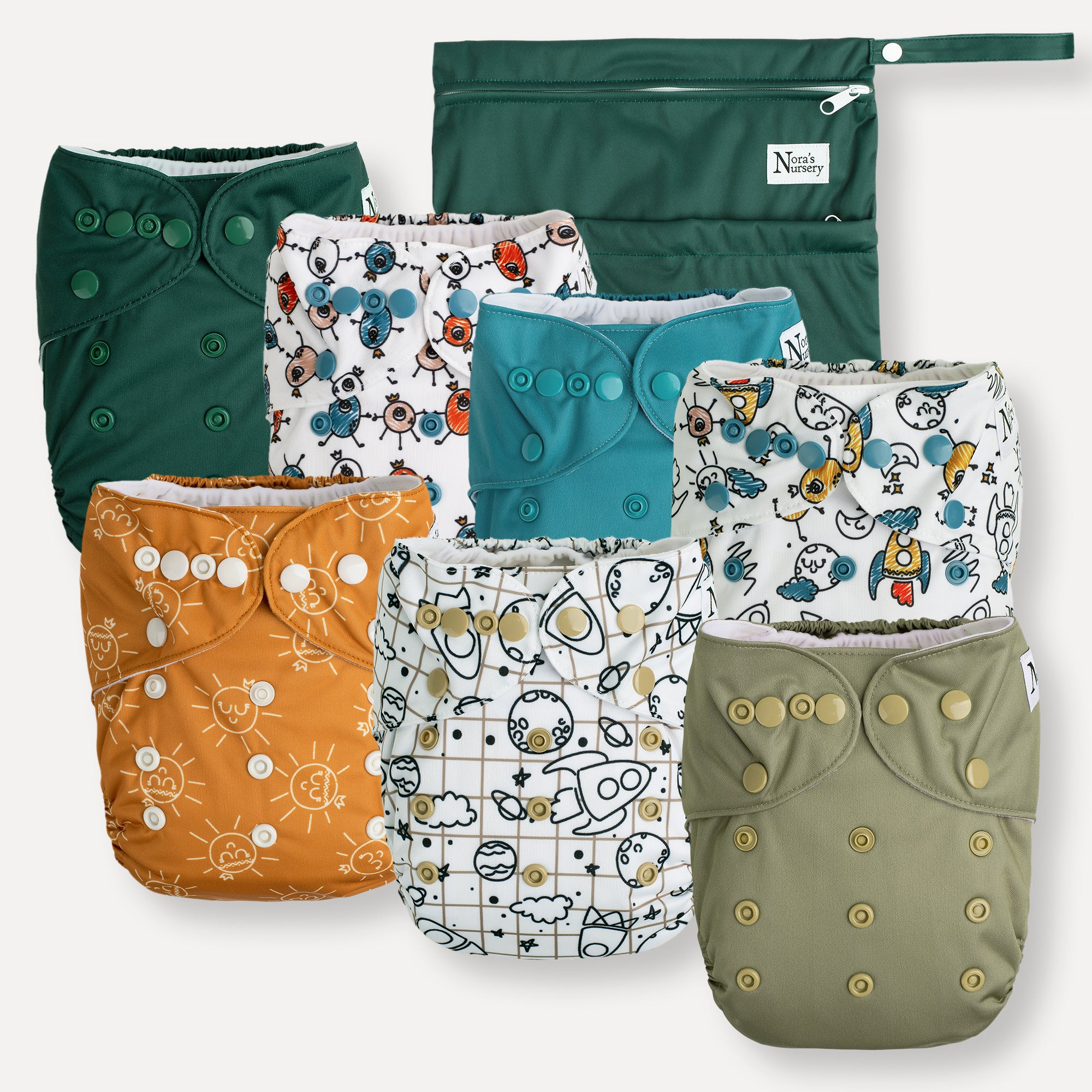 Outer Space 7 Cloth Diapers & Inserts & 1 Wet Bag – Nora's Nursery