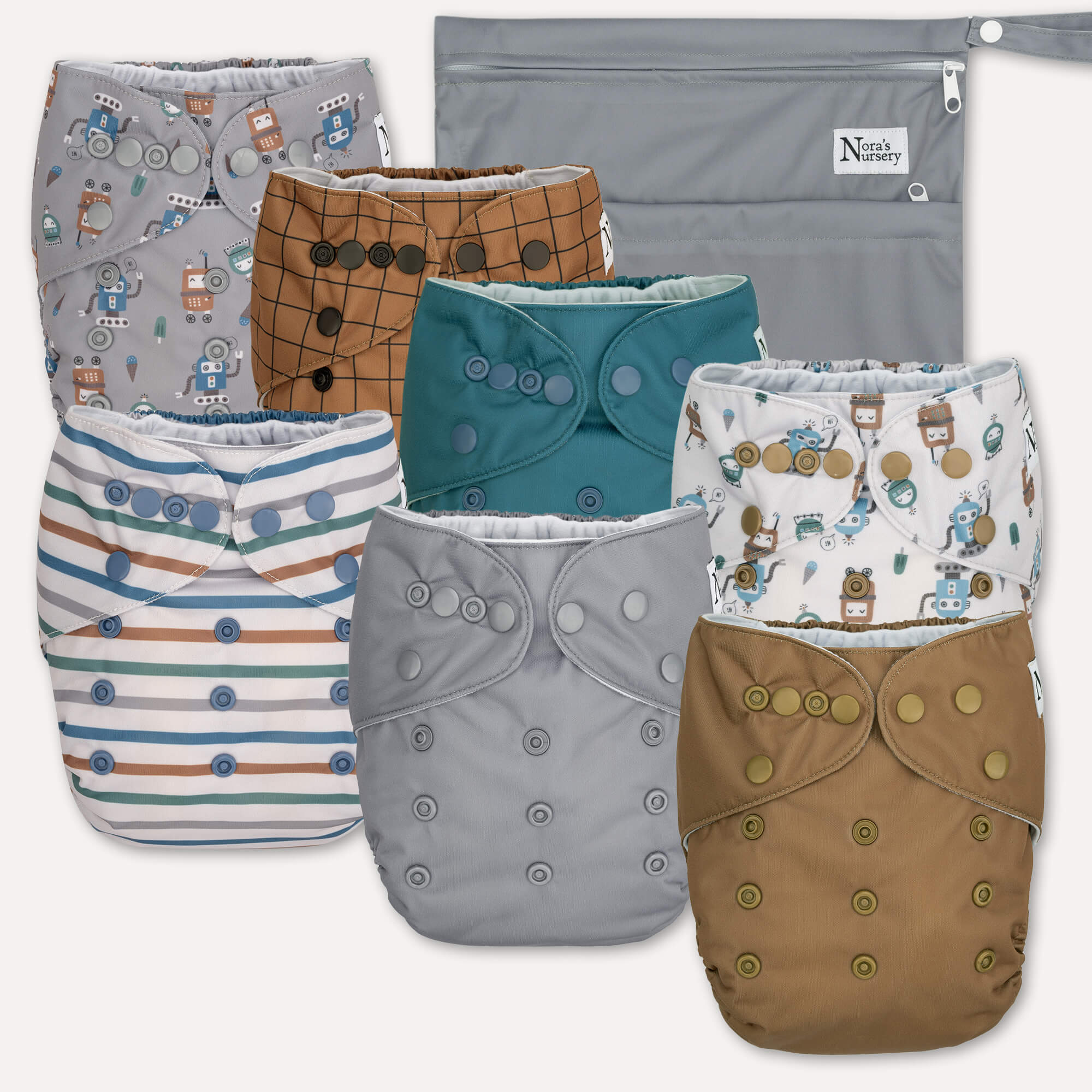 Geared Up 7 Reusable Cloth Diapers & 1 Wet Bag – Nora's Nursery
